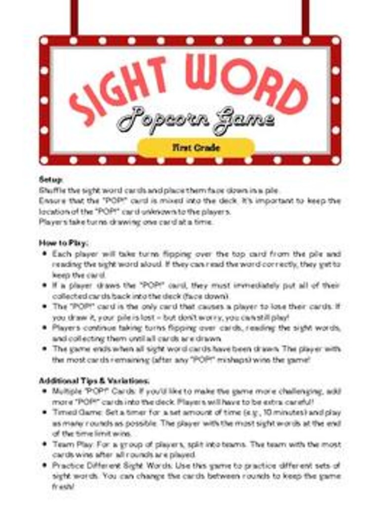 1st Grade Dolch Sight Word Popcorn Game First Year Grades Fry Center ...