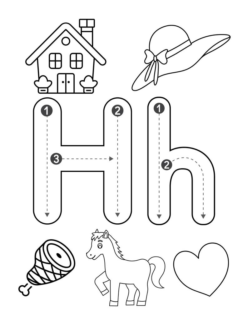 Letter H Coloring Page | Hat Horse House Heart Ham Tracing - Etsy