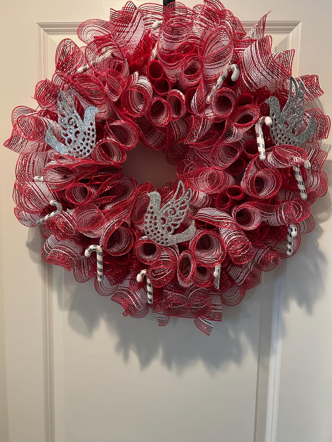 Red and White Peppermint Christmas Wreath With Candy Canes and Silver ...