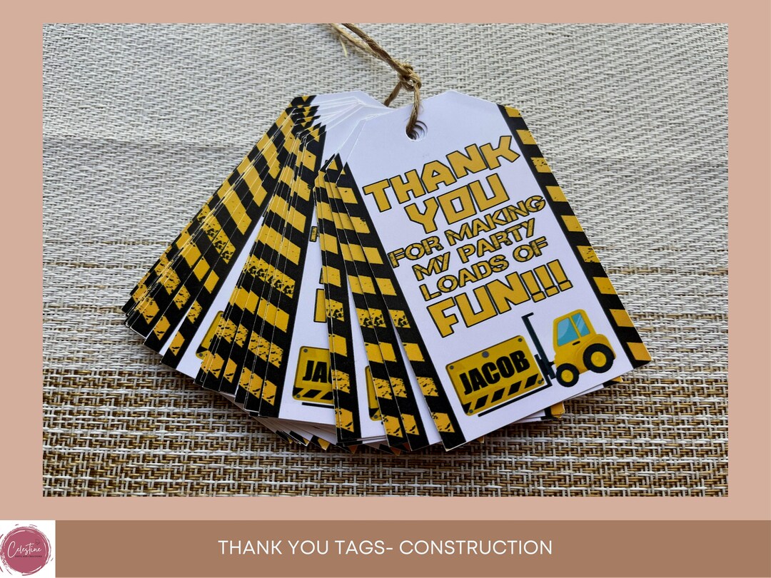 PRINTED Thank You Tags, Thank You Tags, Diggers Birthday, Construction ...