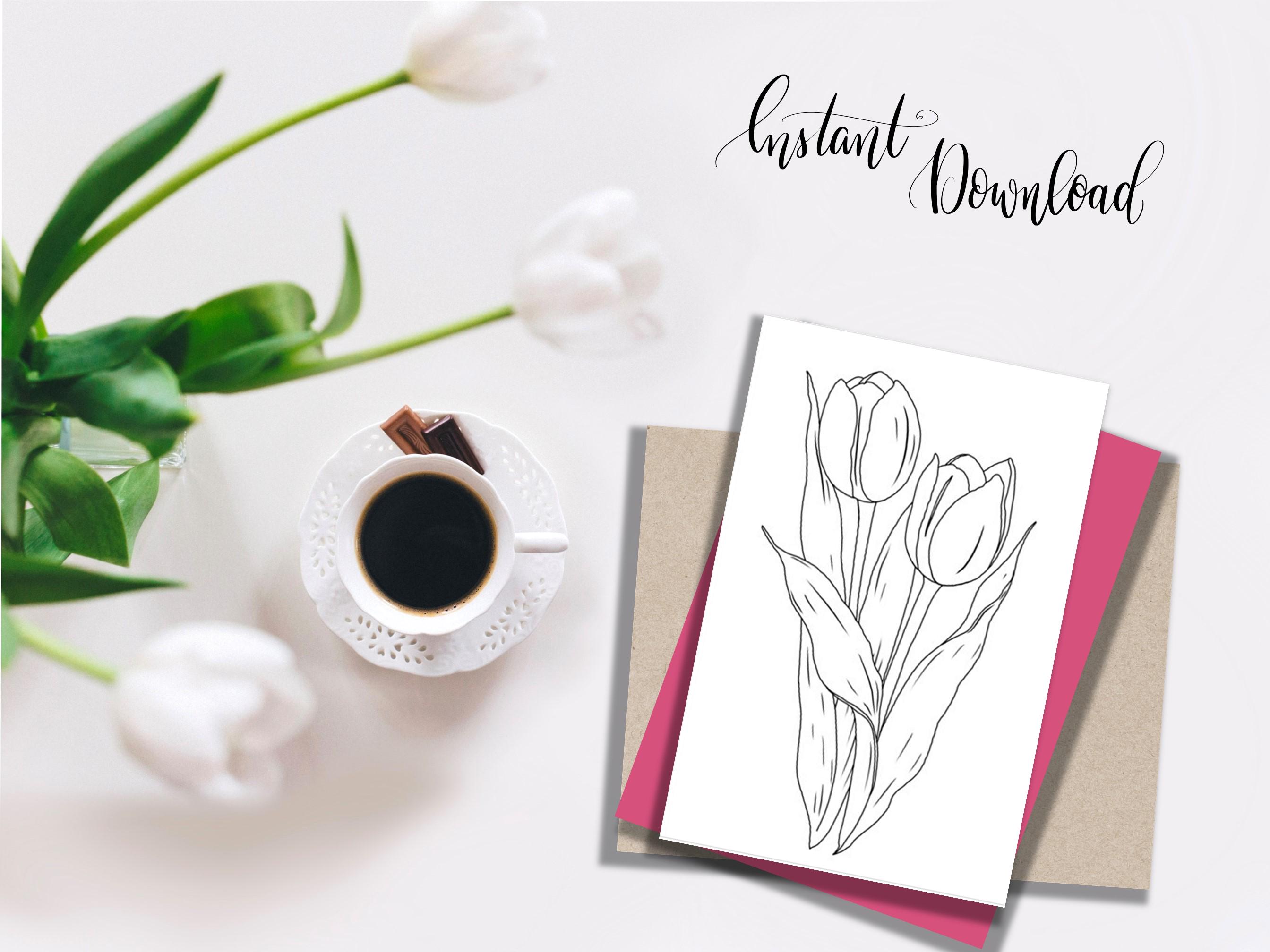 Flower Painting Outline to Trace, Spring Floral Coloring Page Tulip ...