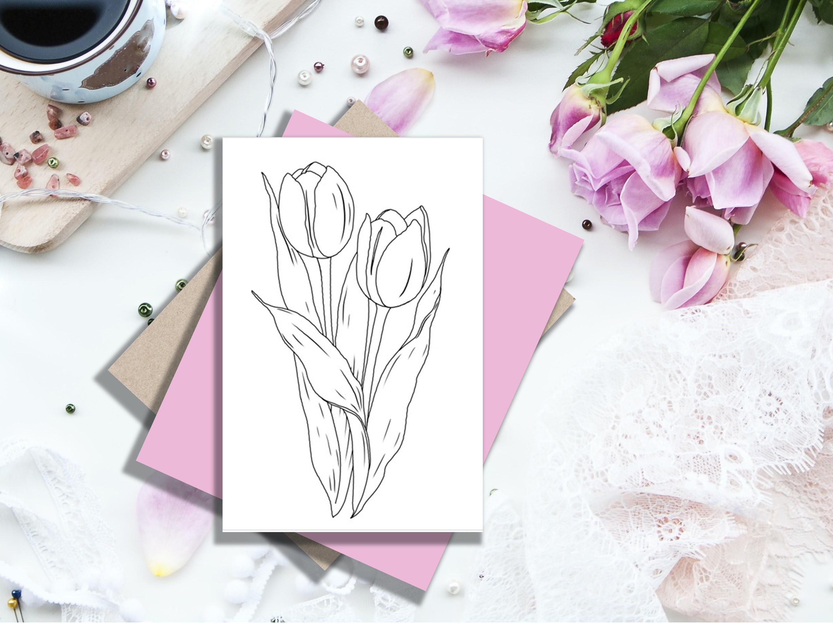 Flower Painting Outline to Trace, Spring Floral Coloring Page Tulip ...