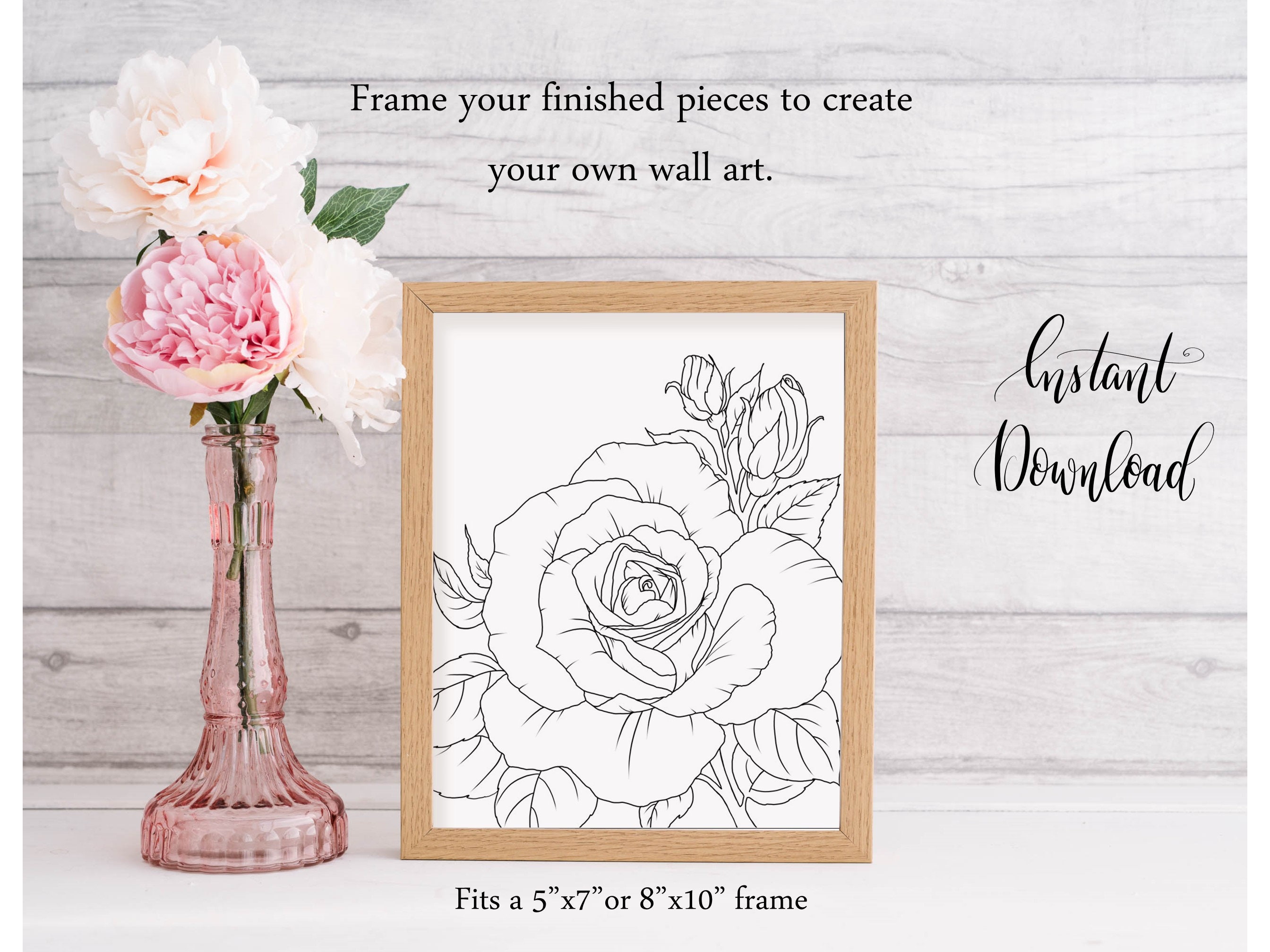 Realistic Rose Coloring Page Printable Rose Outline to Paint DIY ...