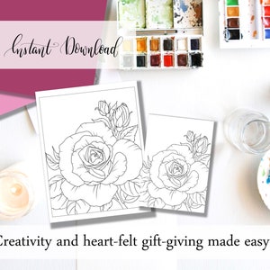 Realistic Rose Coloring Page Printable Rose Outline to Paint DIY ...