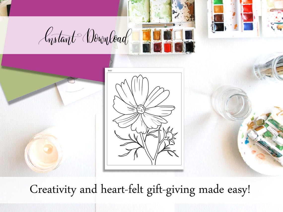 Flower Painting Outline to Trace, Cosmos Floral Coloring Page Printable ...