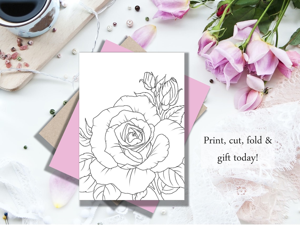 Realistic Rose Coloring Page Printable Rose Outline to Paint DIY ...