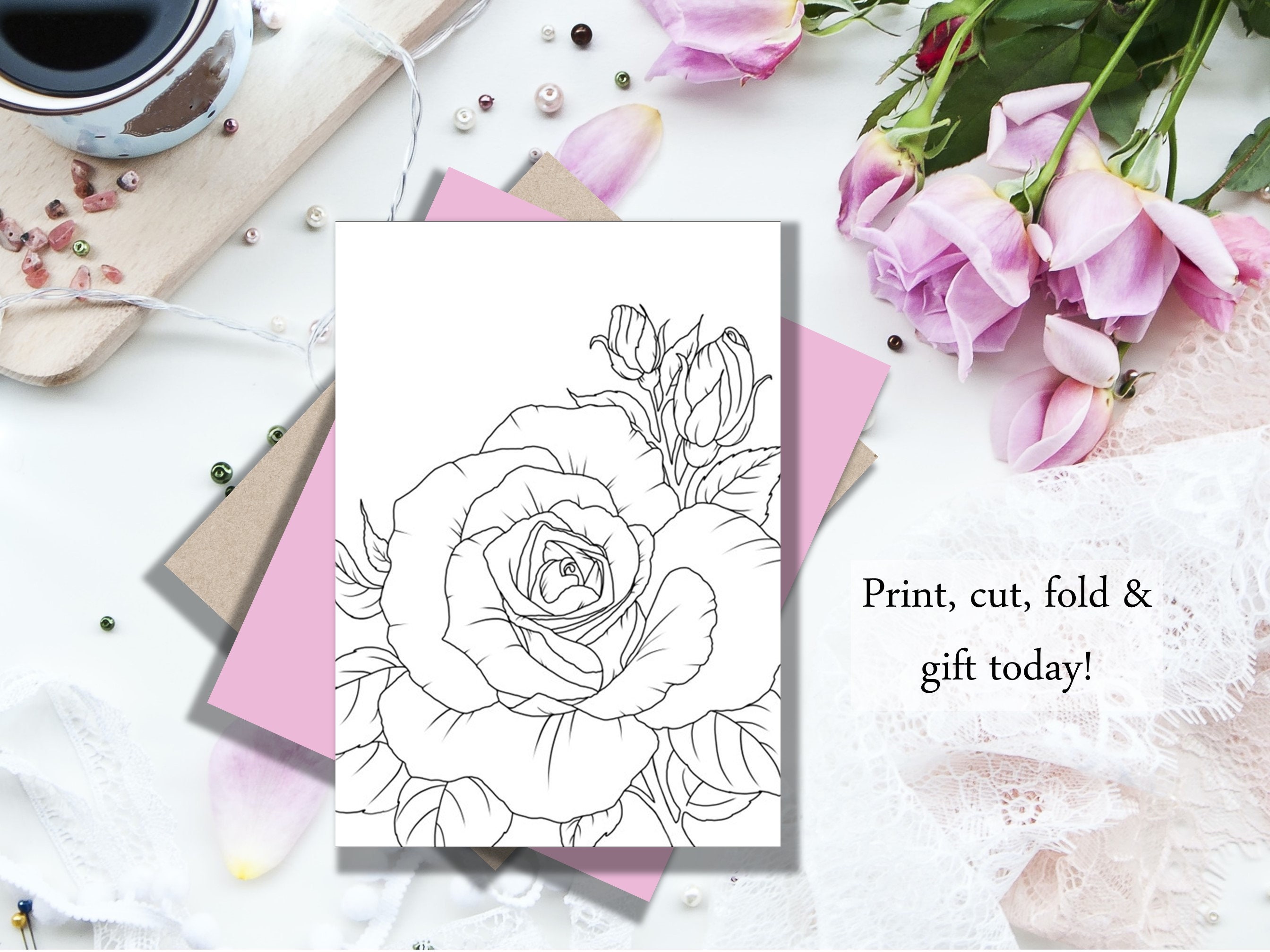 Realistic Rose Coloring Page Printable Rose Outline to Paint DIY ...