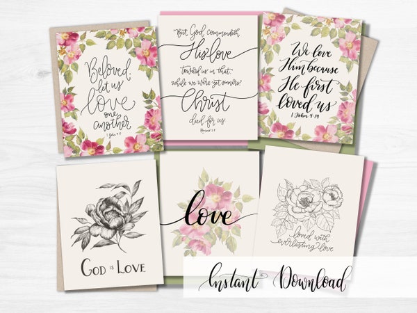 God's Love Bible Verse Note Cards Printable Scripture Valentines Cute ...