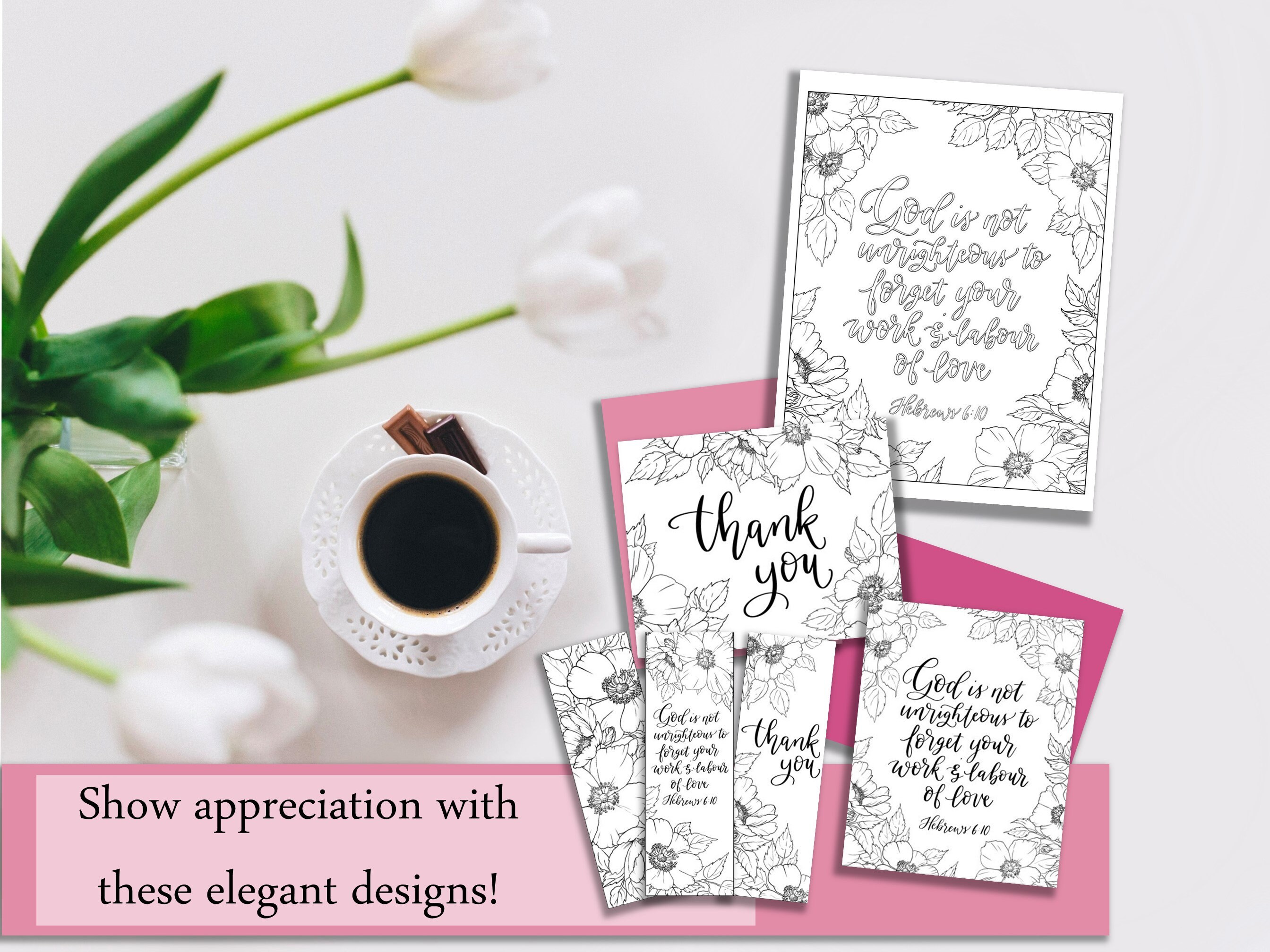 Christian Coloring Card Printable Set With Floral Thank You Designs and ...