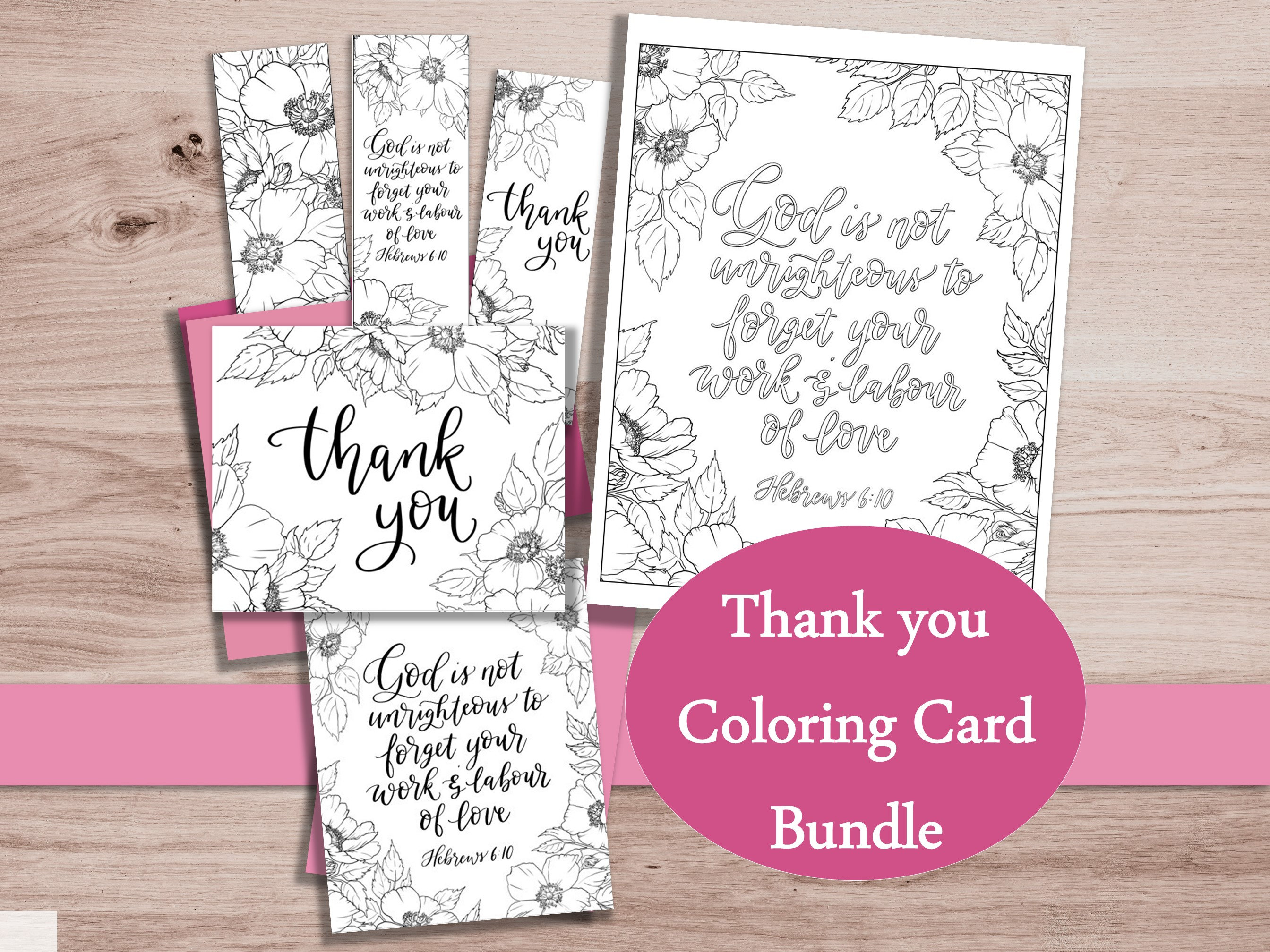 Christian Coloring Card Printable Set With Floral Thank You Designs and ...
