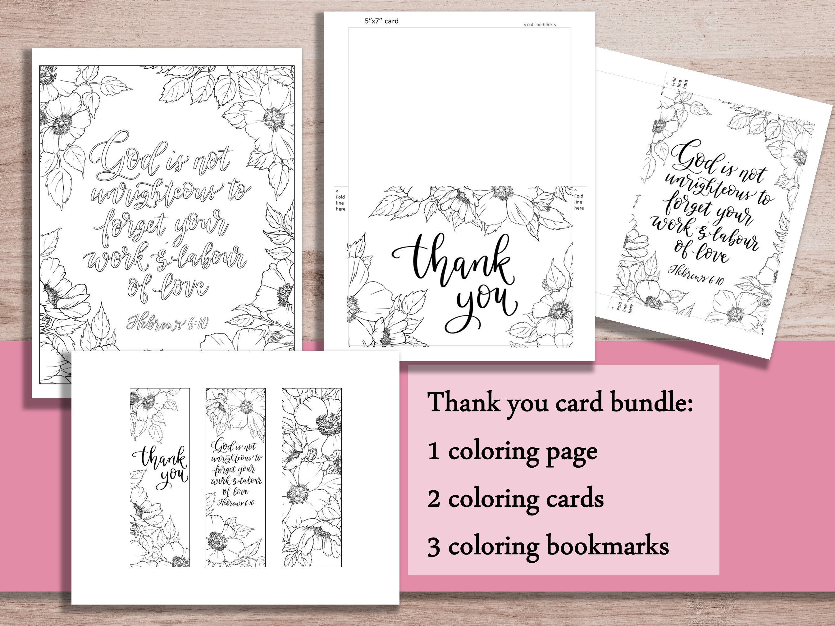 Christian Coloring Card Printable Set With Floral Thank You Designs and ...