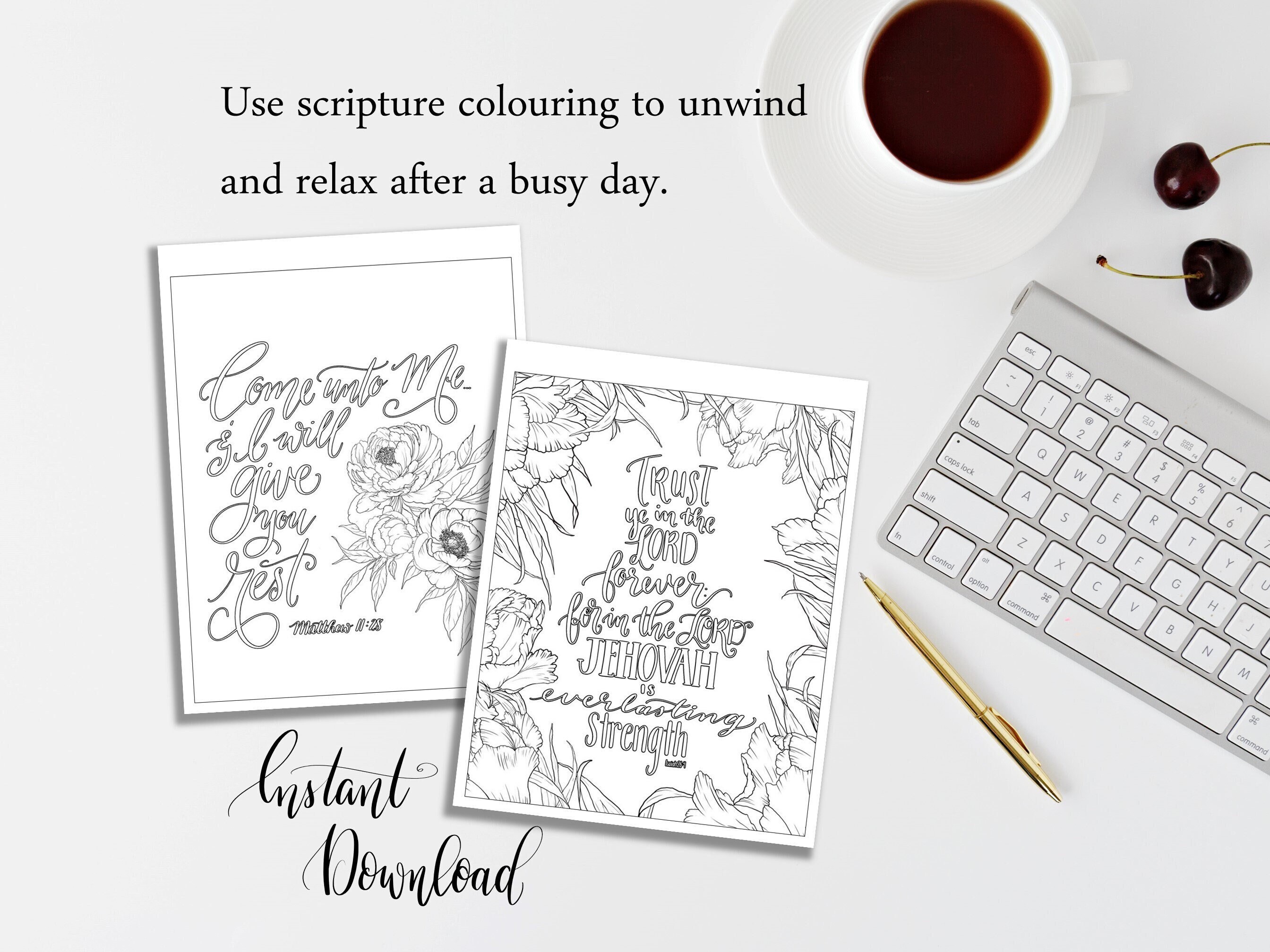 Floral Scripture Adult Coloring Page Bundle, Bible Verse Coloring Book ...