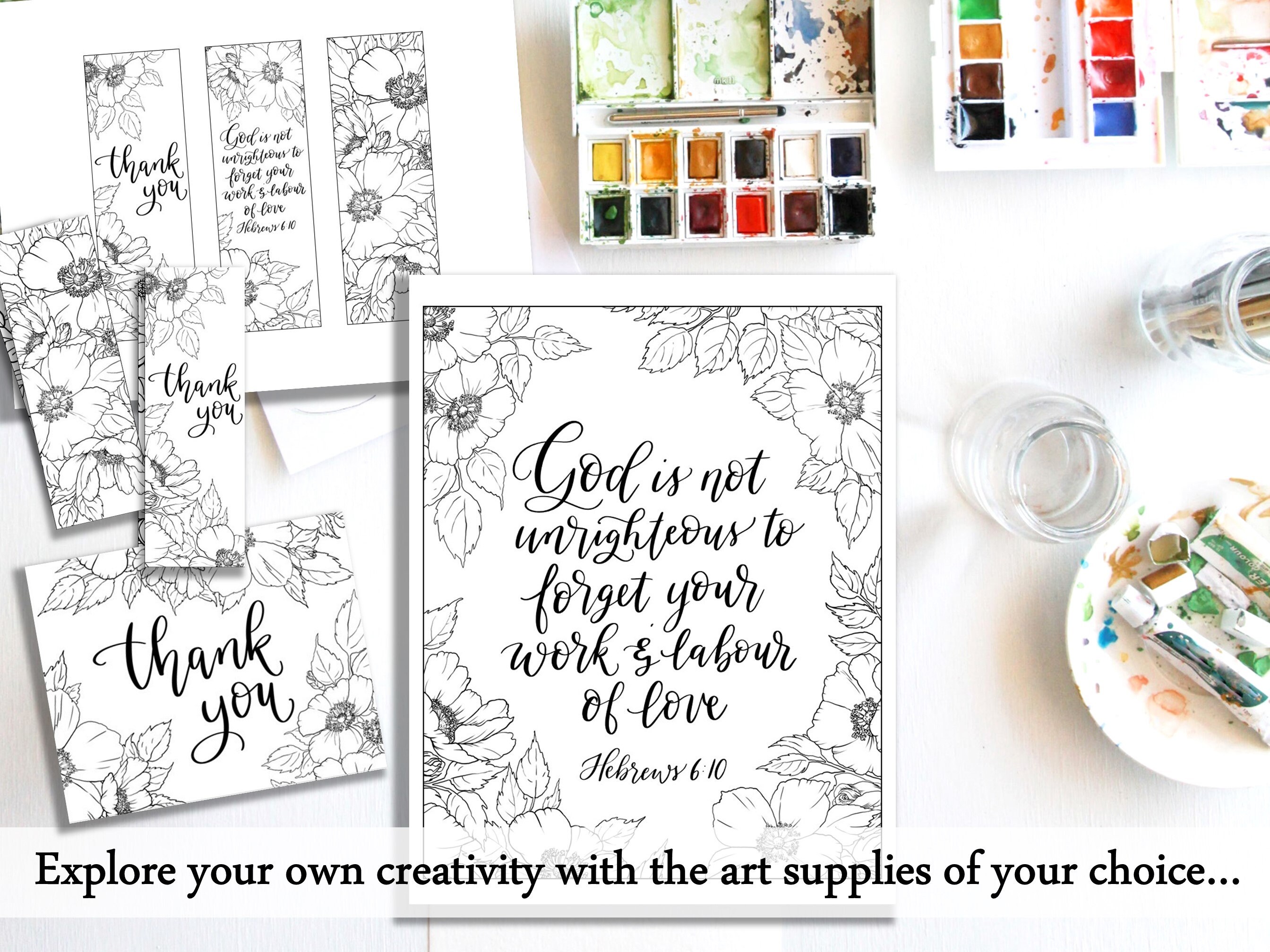 Christian Coloring Card Printable Set With Floral Thank You Designs and ...
