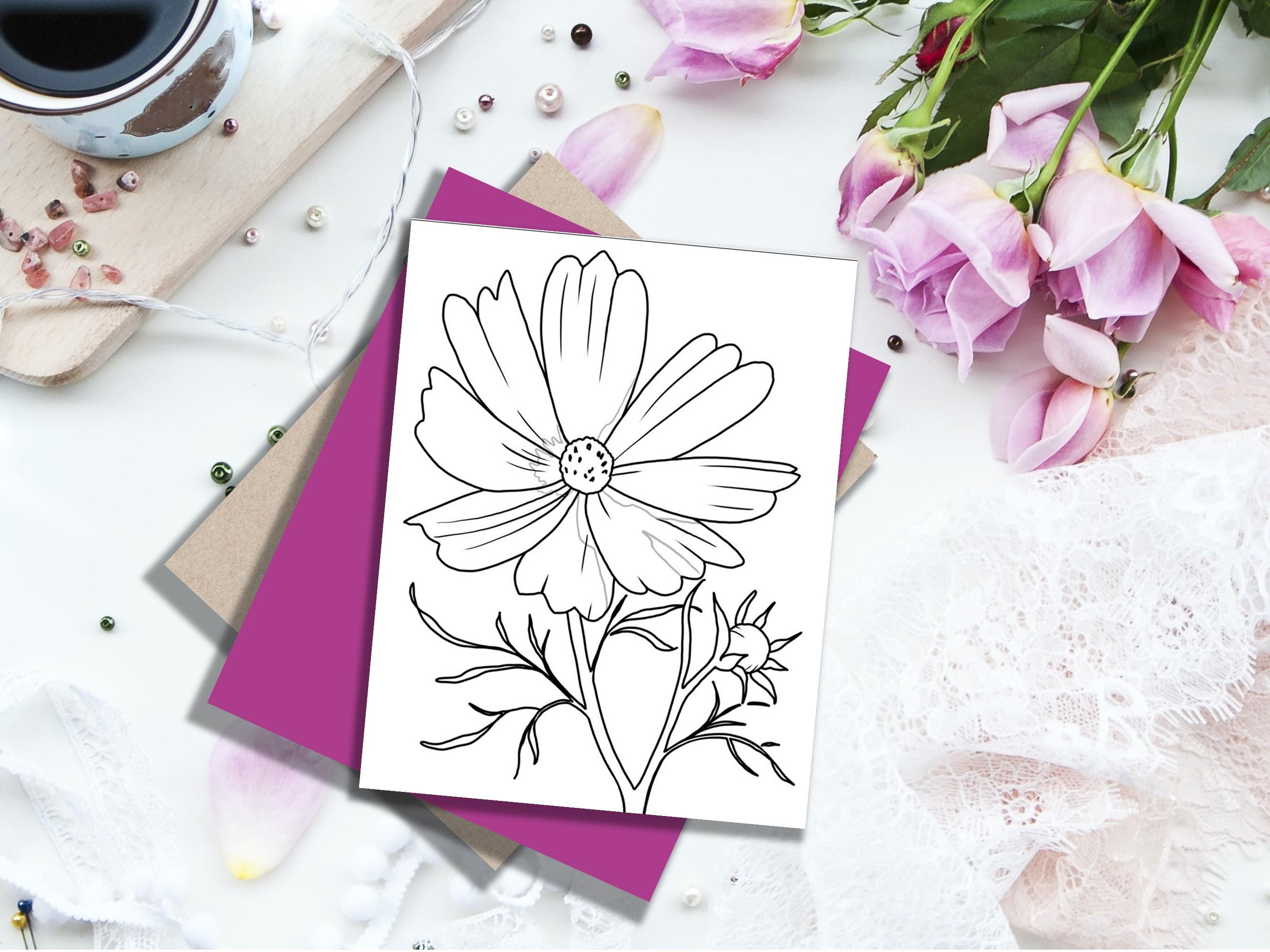 Flower Painting Outline to Trace, Cosmos Floral Coloring Page Printable ...