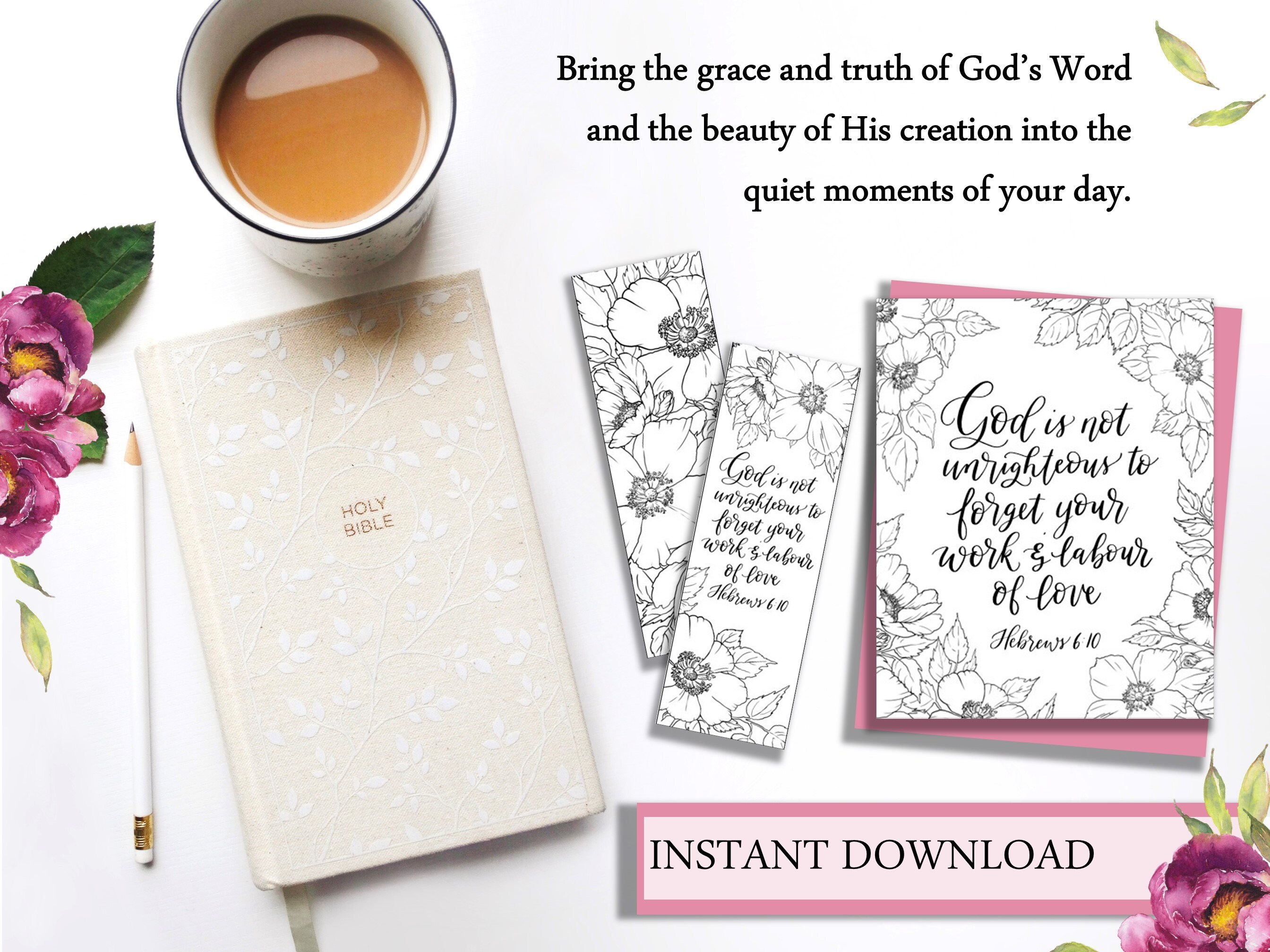 Christian Coloring Card Printable Set With Floral Thank You Designs and ...