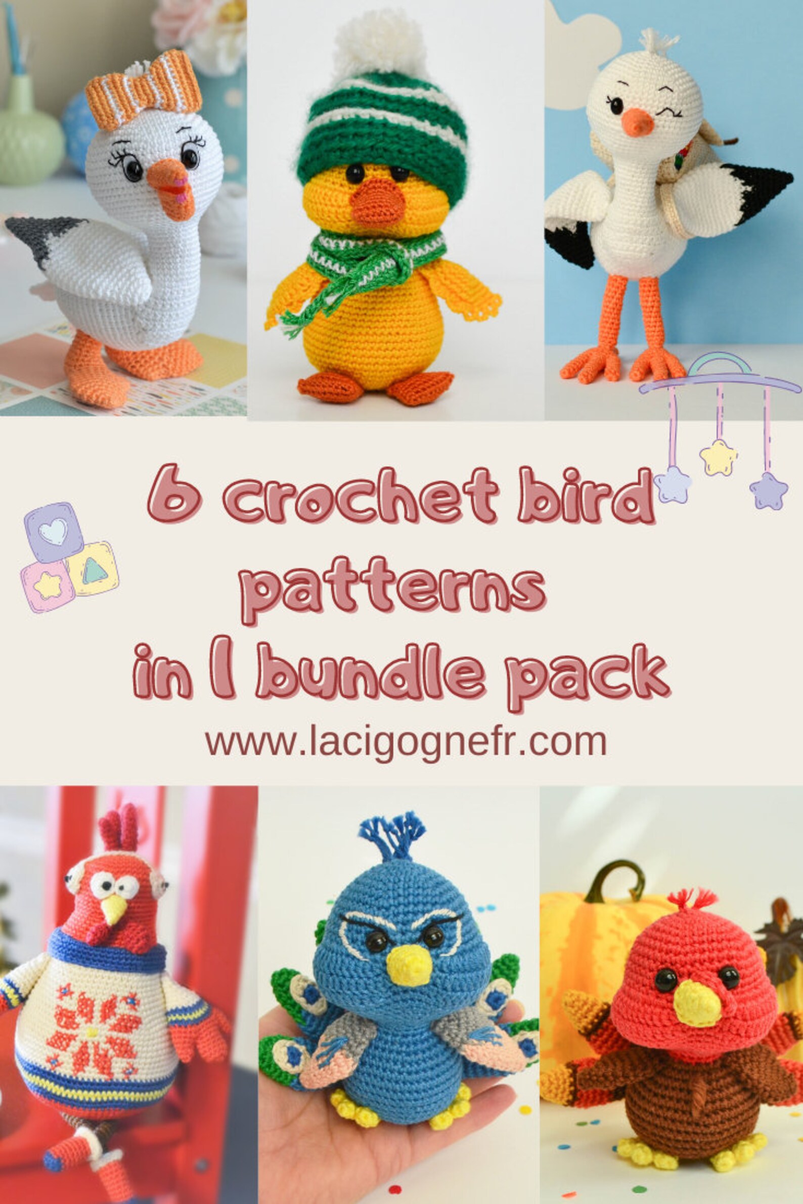 Six Patterns Bundle : Crochet Pelican, Crochet Stork Pattern, Crochet ...
