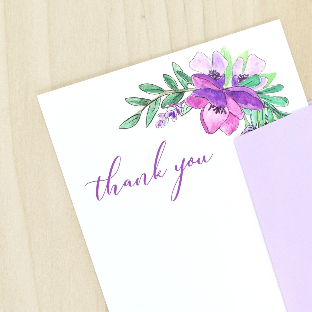 10 Pk | Thank You Notes | Purple Floral | Single-sided - Etsy