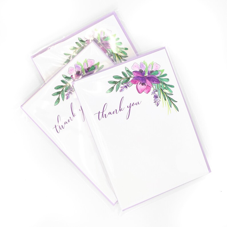 10 Pk | Thank You Notes | Purple Floral | Single-sided - Etsy