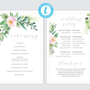 Editable Wedding Program Template | Pink, Blush Watercolor Florals ...