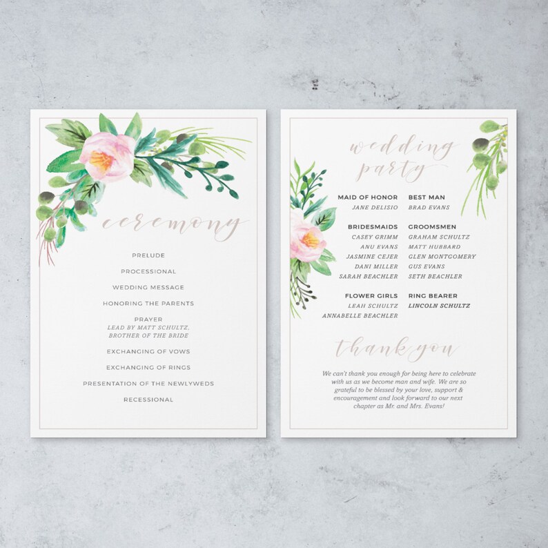 Editable Wedding Program Template Pink Blush Watercolor - Etsy