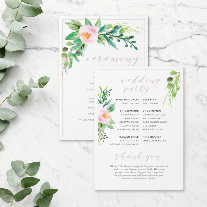 Editable Wedding Program Template Pink Blush Watercolor - Etsy