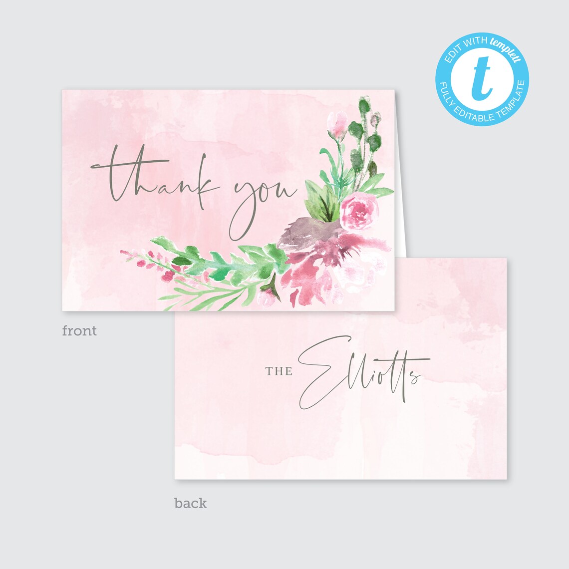 Editable Folding Thank You Card Template | 4x6 Watercolor Florals Blush ...