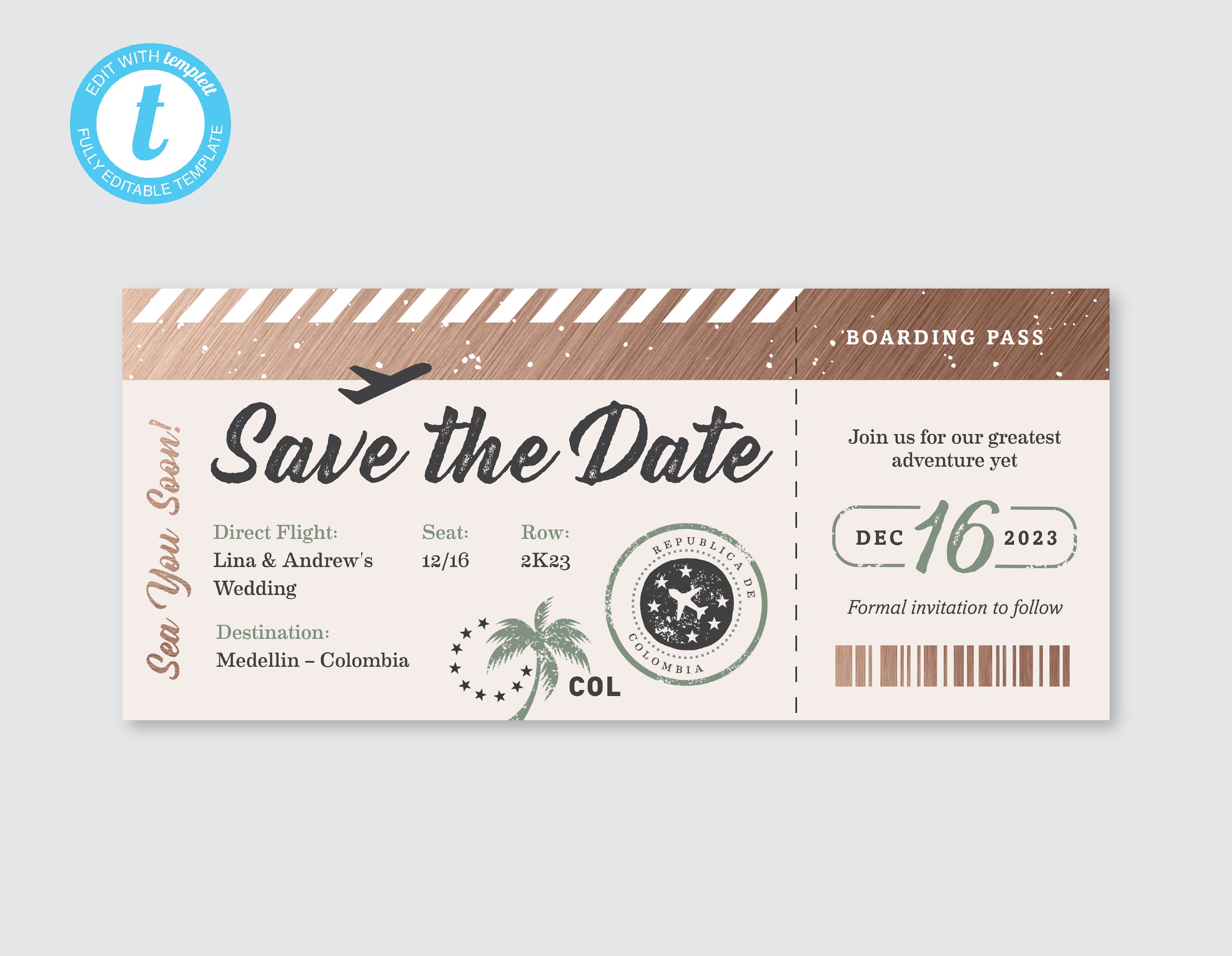 Printable Save the Date Boarding Pass Template | Destination Wedding ...