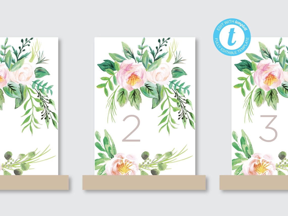 1-20 Editable Table Numbers | 5x7 Watercolor Florals | Wedding Decor ...