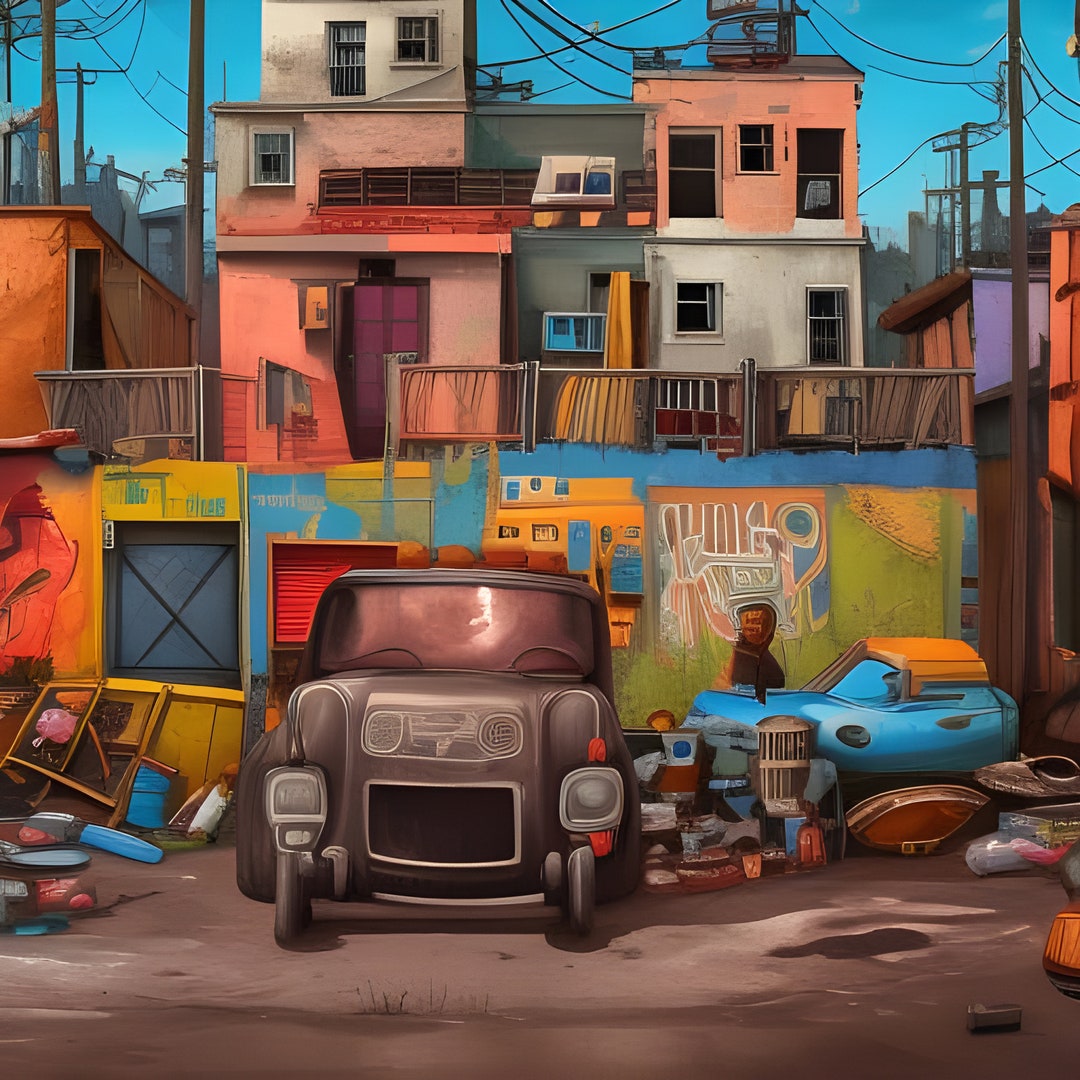 Front of Funky Houses With Junk All Around - Generative Content - Etsy