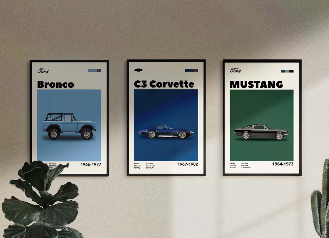 Set of 3 American Car Posters, Corvette, Bronco, and Mustang Posters ...