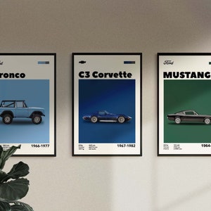 Set of 3 American Car Posters, Corvette, Bronco, and Mustang Posters ...
