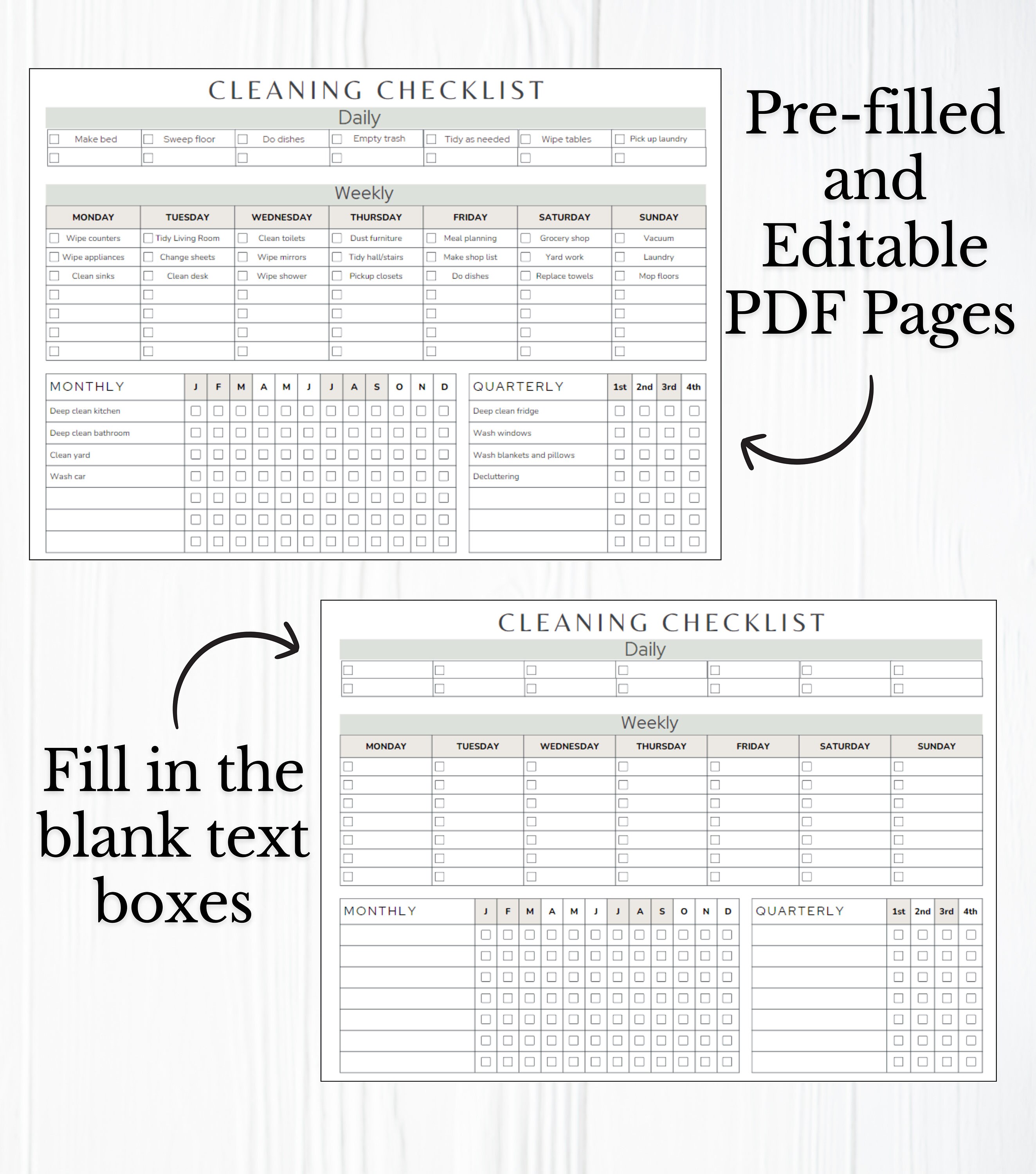 Editable Cleaning Checklist Schedule, Daily Weekly Monthly Chores ...