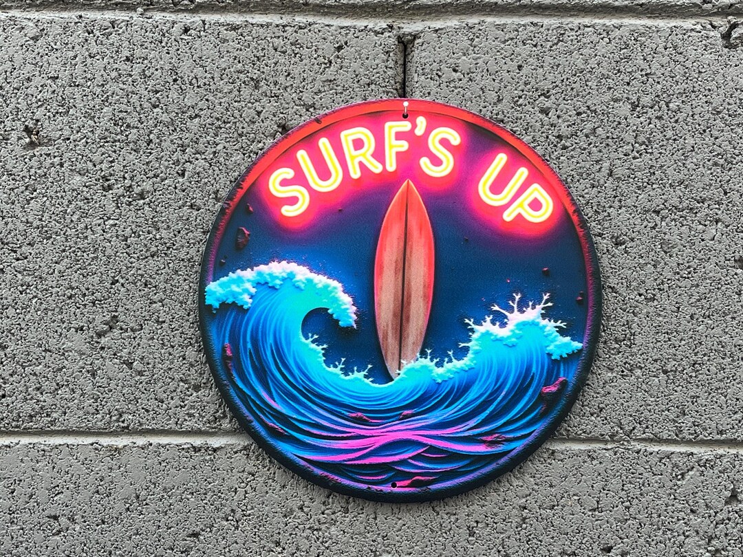 Surfs up Neon Wave Design Round Aluminum Sign - Etsy