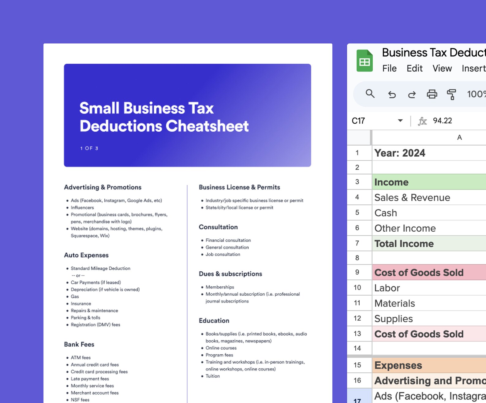 Small Business Tax Deductions Spreadsheet and Cheatsheet - .csv,.xlsx, .pdf - Etsy