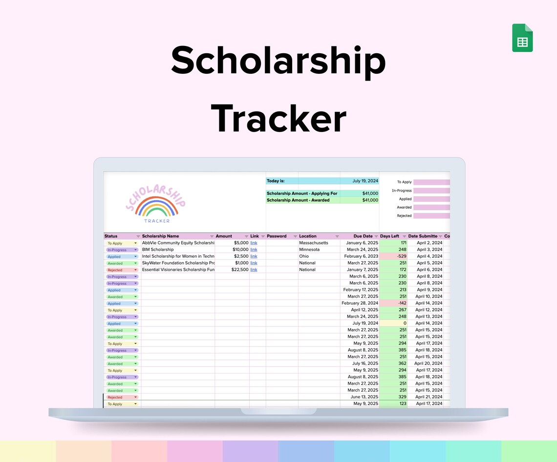 Scholarship Tracker Google Sheets Template (CSV, XLSX) - Etsy