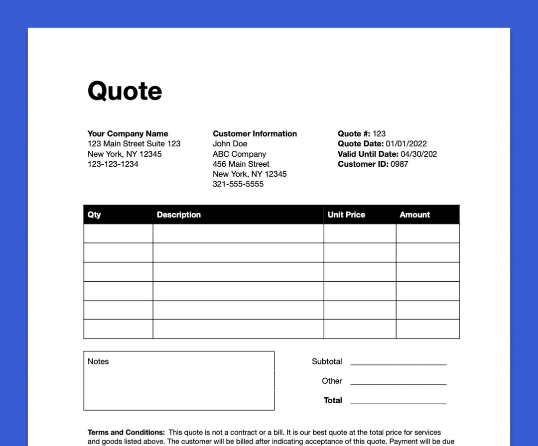 Editable Quote Form, Price Quote Printable Form, Custom Order ...