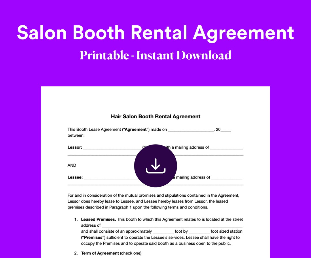 Salon Booth Rental Contract Form Editable Instant Download Booth Rental ...