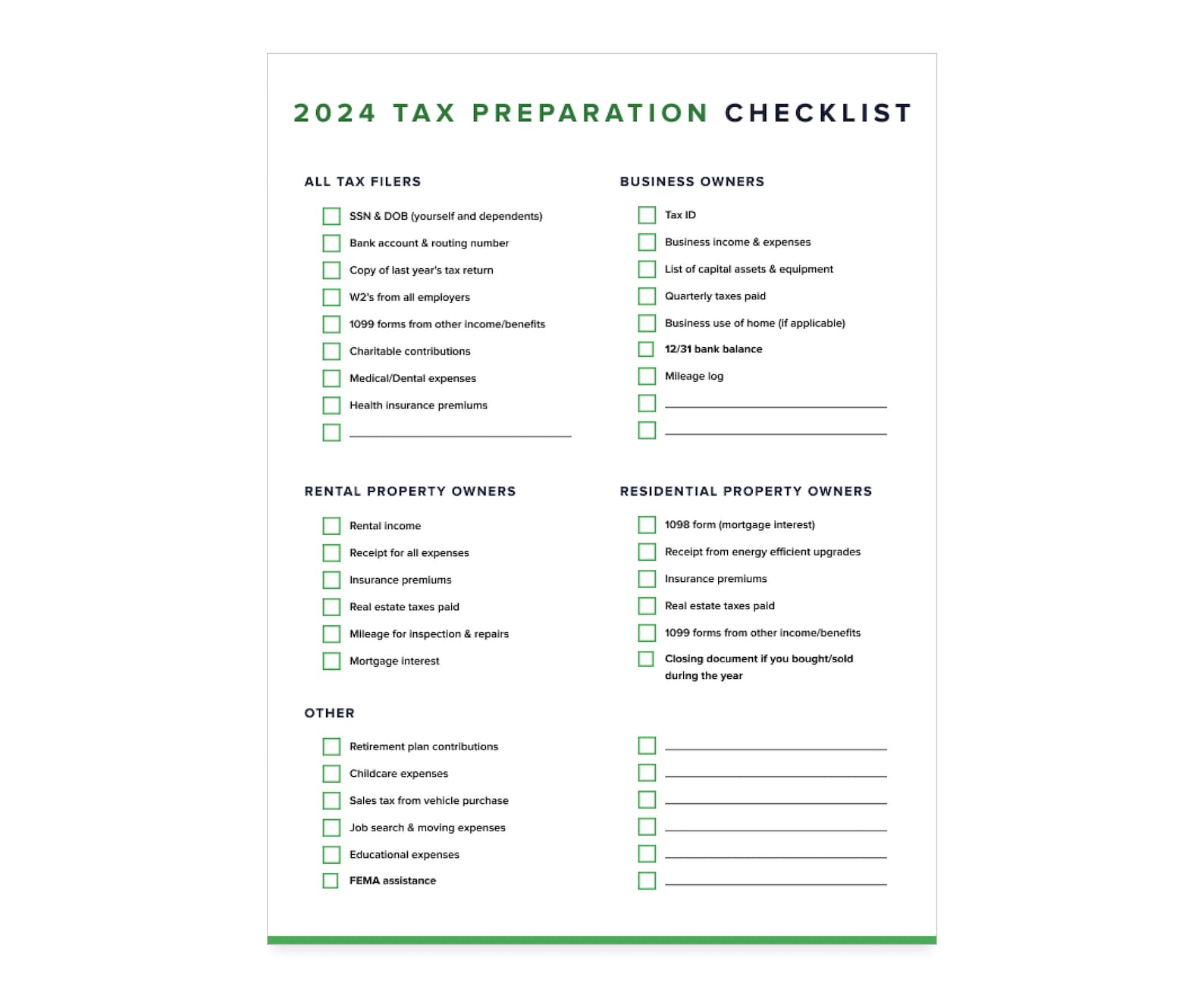 2024 Tax Prep Checklist - Self Employed Tax Preparation Printables ...