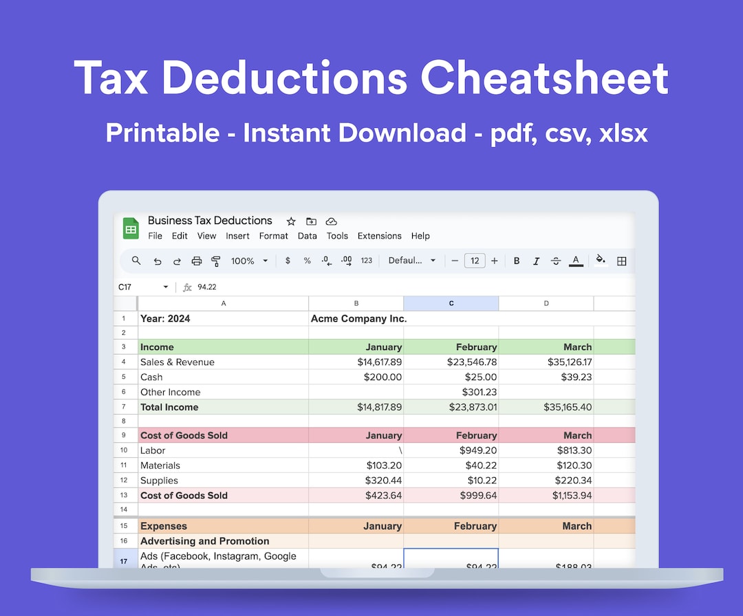 Small Business Tax Deductions Spreadsheet and Cheatsheet - .csv,.xlsx ...