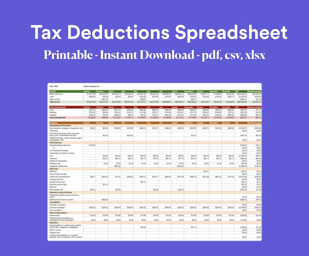Small Business Tax Deductions Spreadsheet and Cheatsheet .csv,.xlsx ...