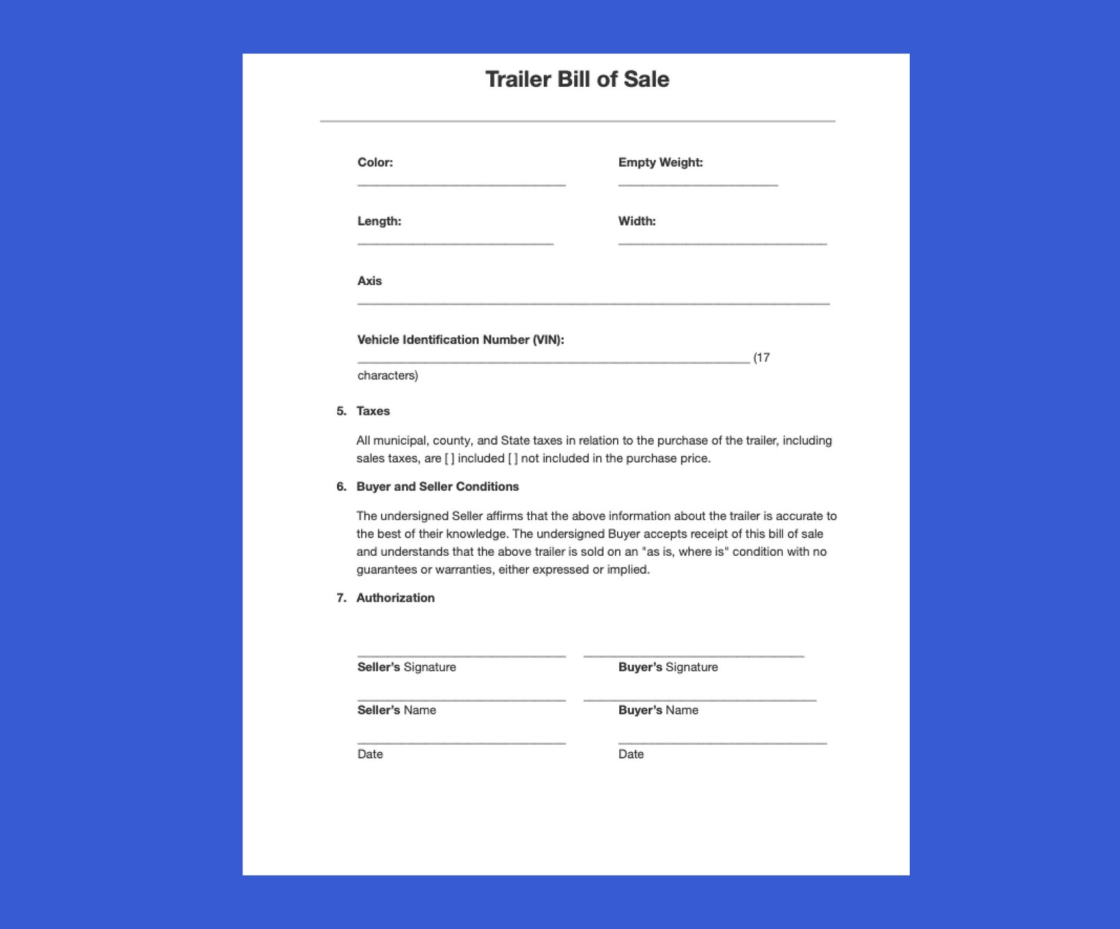 Trailer Bill of Sale, Trailer Bill of Sale Template - Etsy