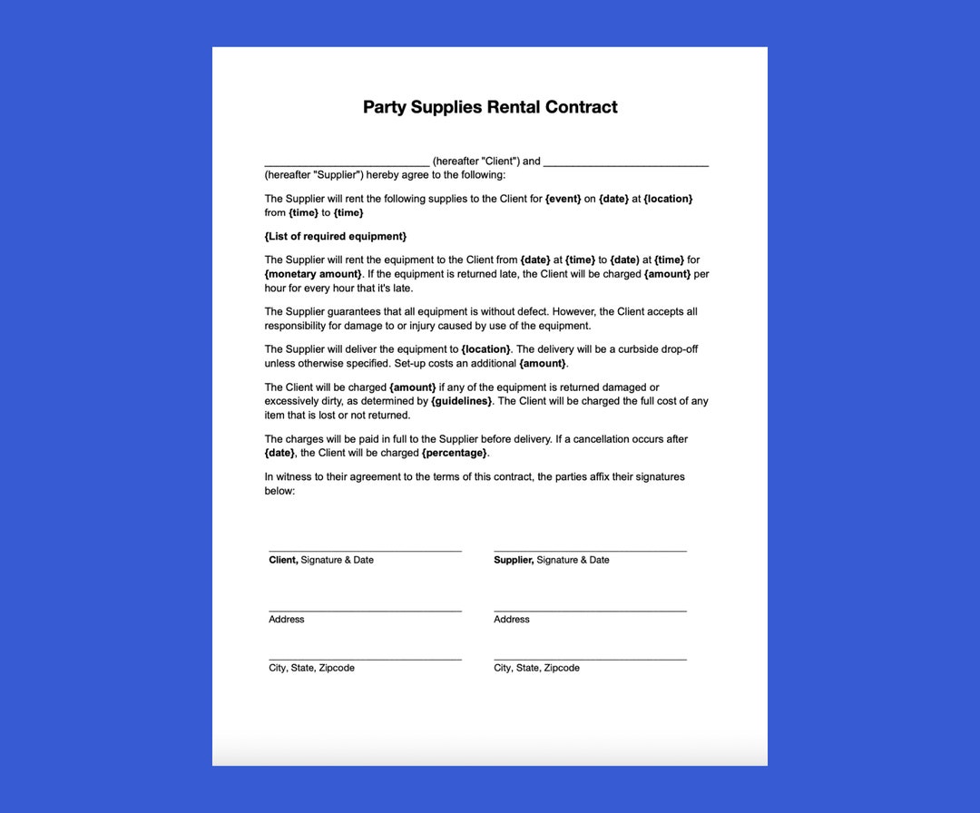 Party Supply Rental Contract, Supply Agreement, Simple Venue Party ...
