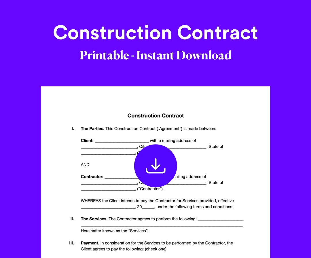 Construction Contract Form Editable Instant Download Agreement Template ...