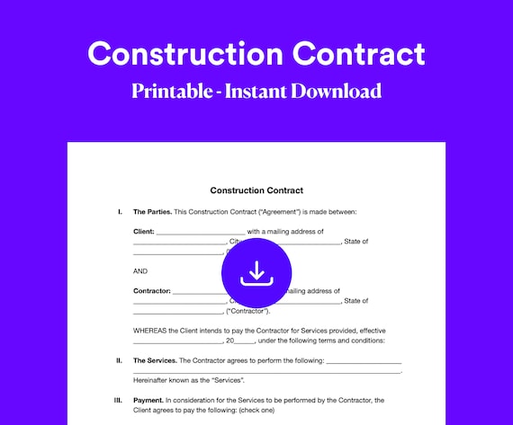 Construction Contract Form Editable Instant Download - Etsy