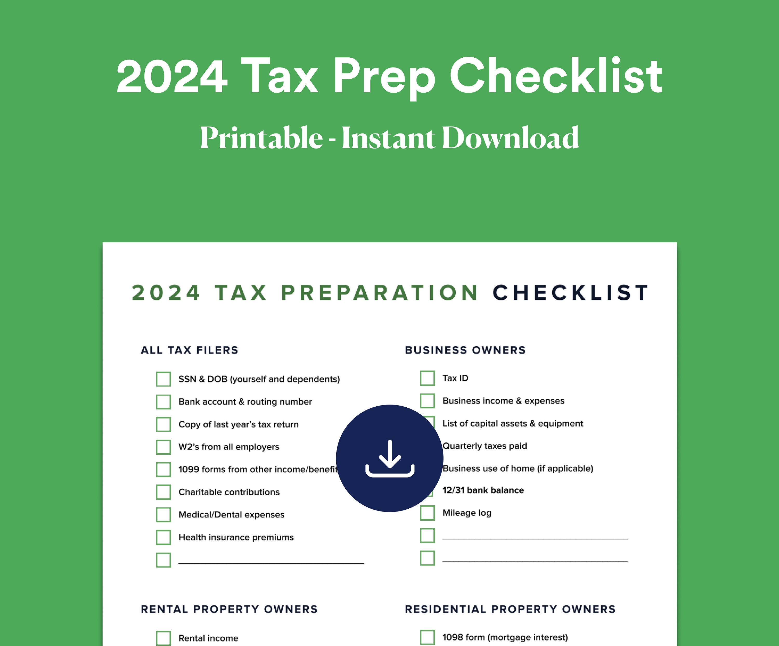 2024 Tax Prep Checklist - Self Employed Tax Preparation Printables ...