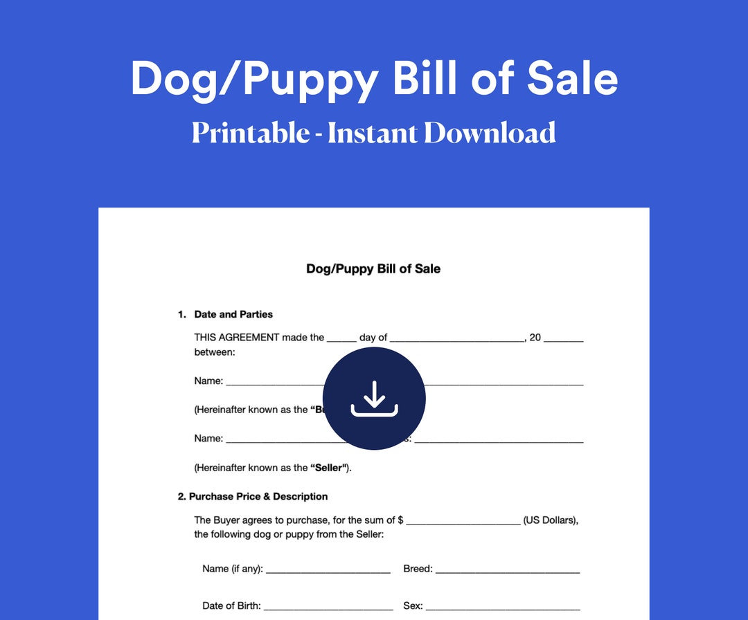 Dog/puppy Bill of Sale / Puppy Form / Pup Selling Agreement / Pet Bill ...