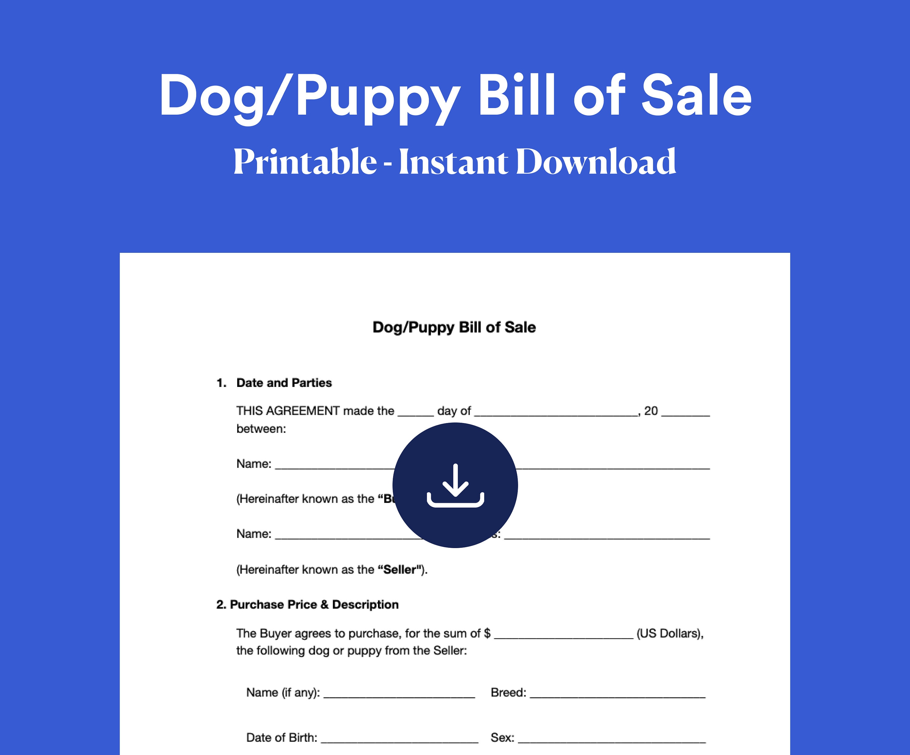 Dog/puppy Bill of Sale / Puppy Form / Pup Selling Agreement / Pet Bill ...