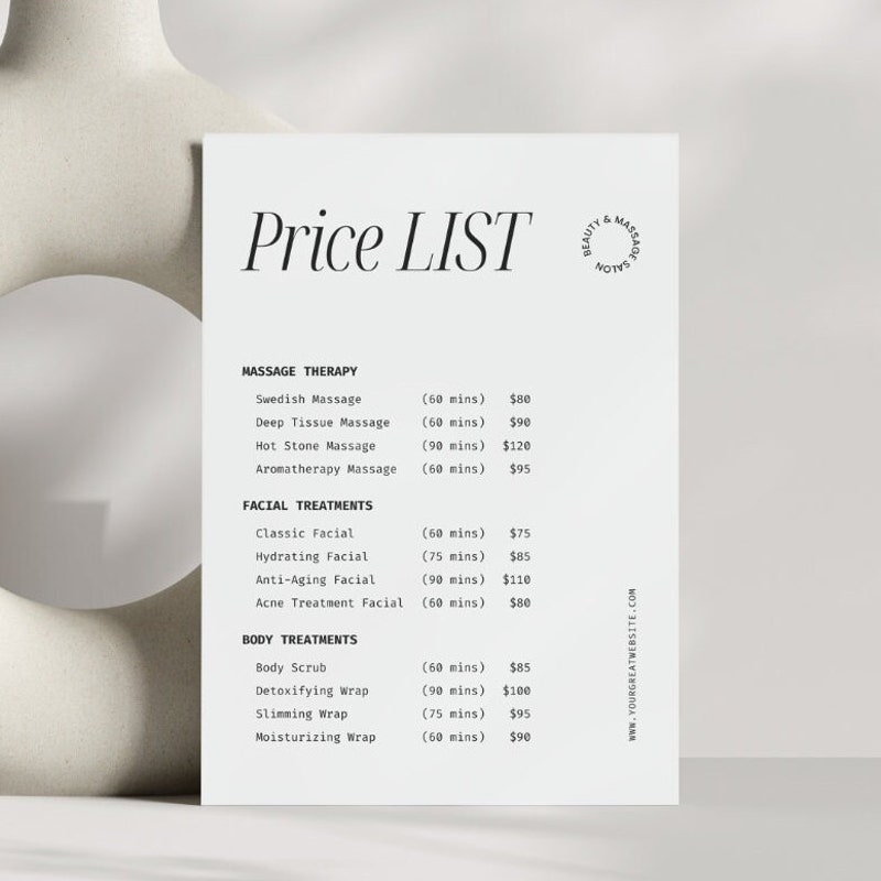 Massage Price List Template - Etsy