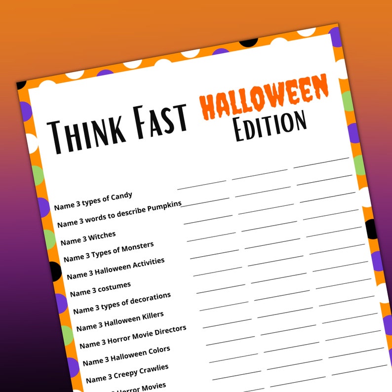 Think Fast Printable Scattergories Halloween Party Game - Etsy