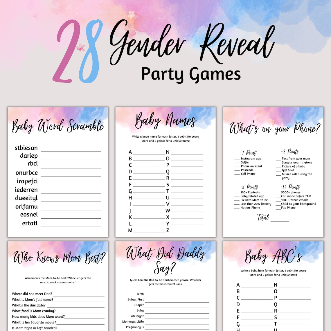 Gender Reveal Games Bundle, Gender Reveal Games, Gender Reveal Party Games, Blue Pink Gender ...